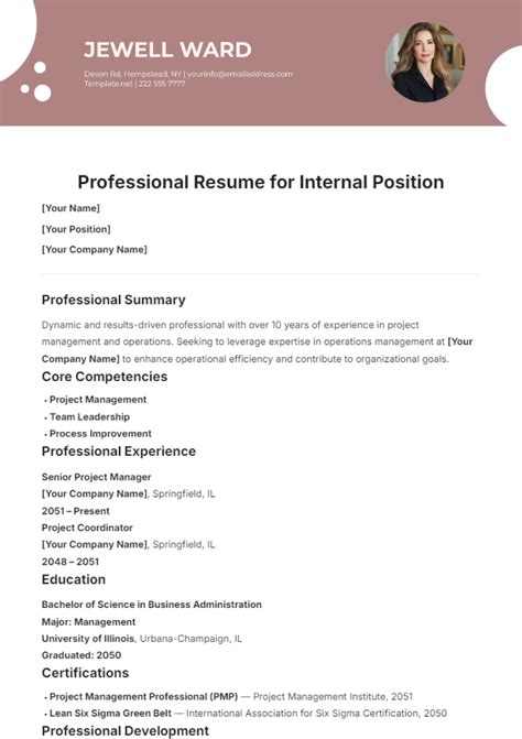 Internal Position Internal Resume Template Prntbl