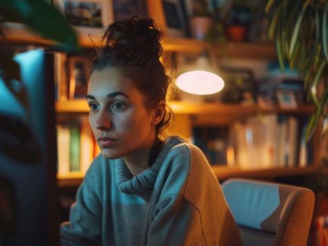 A Woman Sits In Front Of A Computer Monitor Focused On Her Work