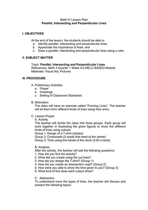 solution lesson plan in parallel intersecting and perpendicular lines