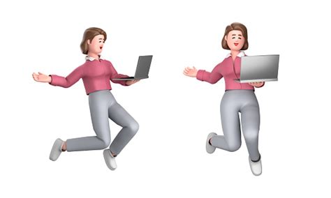 3d 비즈니스 여성 임원 포즈는 노트북 태블릿 휴대폰 흰색 배경에 격리된 확성기 3d 렌더링 3차원 형태에 대한 스톡 사진 및 기타 이미지 Istock