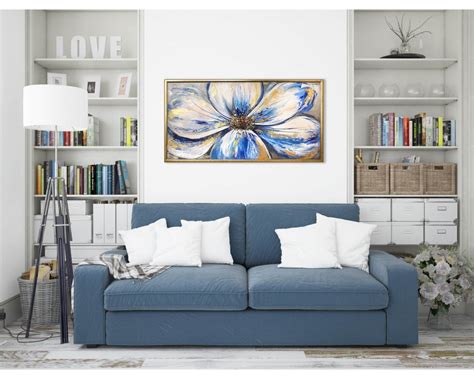 Синьо Вдъхновение Модерна абстрактна картина със златна рамка Картина с голямо цвете