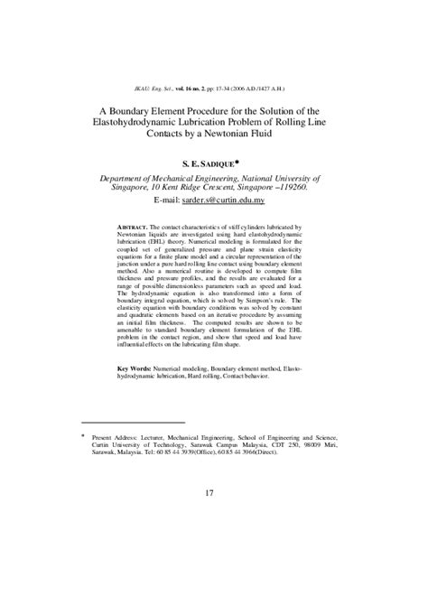 Pdf A Boundary Element Procedure For The Solution Of The Elastohydrodynamic Lubrication