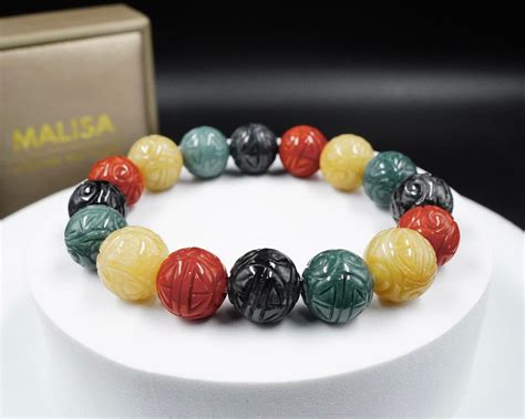 Malisa สร้อยข้อมือหยกแกะสลักรวมสี Multi Color Jade ️ หยกแท้ Jadeite Type A สีธรรมชาติ คุณภาพ