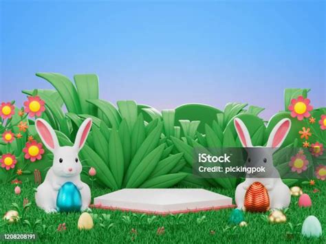 부활절 토끼 토끼와 계란으로 장식 디스플레이 연단 제품의 3d 렌더링 부활제에 대한 스톡 사진 및 기타 이미지 부활제 3차원 형태 4월 Istock