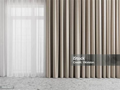 베이지색 커튼 회색 테라조 바닥 타일 얇은 명주 그물이 있는 텅 빈 현대적인 미니멀리즘 인테리어 3d 렌더링 일러스트레이션 모형