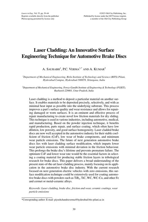 Pdf Laser Cladding An Innovative Surface Engineering Technique For Automotive Brake Discs
