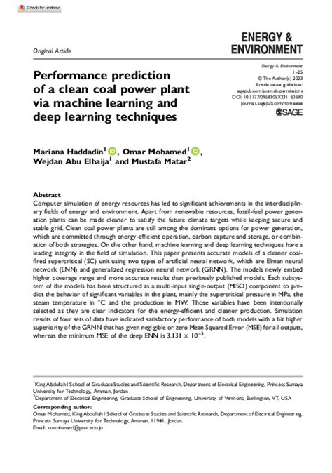 Pdf Performance Prediction Of A Clean Coal Power Plant Via Machine Learning And Deep Learning