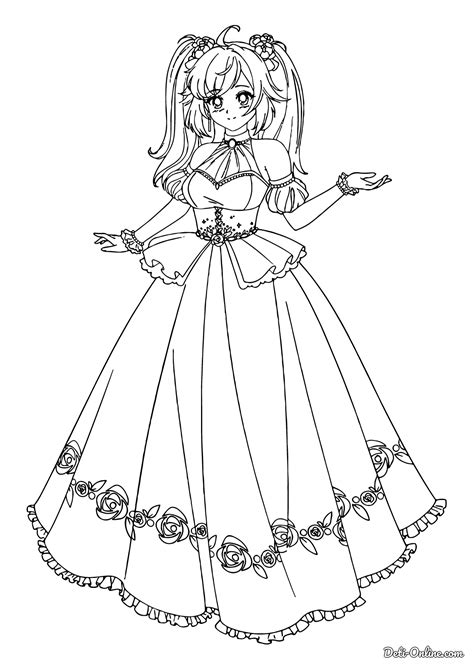 Раскраска Грациозная аниме принцесса в бальном платье распечатать раскраски для детей