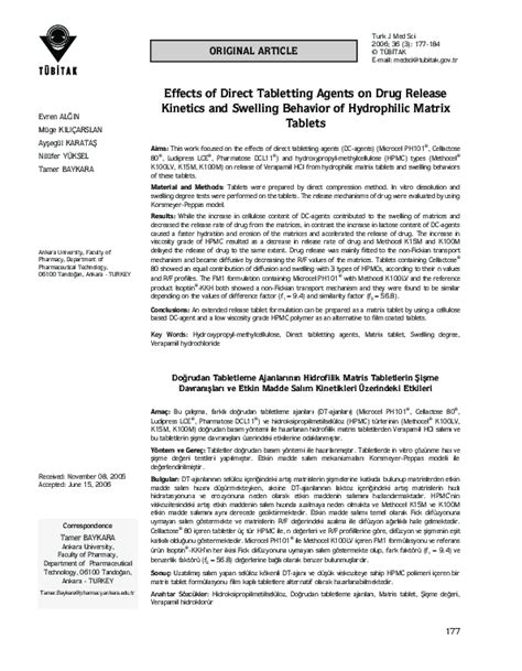 Pdf Effects Of Direct Tabletting Agents On Drug Release Kinetics And Swelling Behavior Of