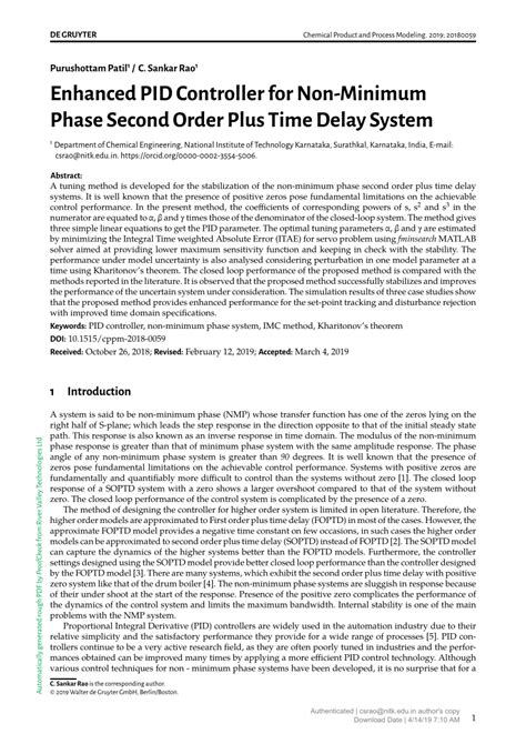 Pdf Enhanced Pid Controller For Non Minimum Phase Second Order Plus