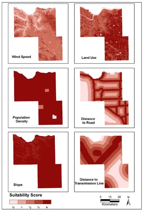spatial patterns of suitability scores for each criterion exclusionary