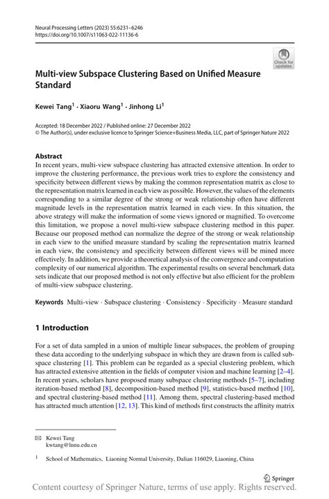 Multi View Subspace Clustering Based On Unified Measure Standard Request Pdf