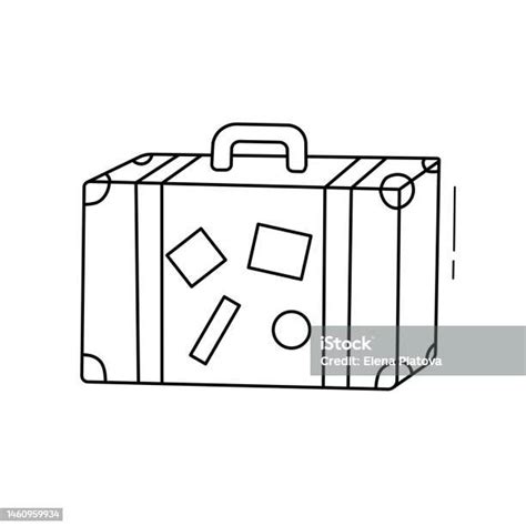 스티커가 붙은 빈티지 여행 가방 비행기로 여행하기위한 수하물 흰색 배경에 격리된 벡터 선 낙서 그림 여행 가방에 대한 스톡 벡터 아트 및 기타 이미지 Istock
