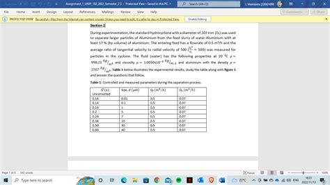 Solved During Experimentation The Standard Hydrocyclone