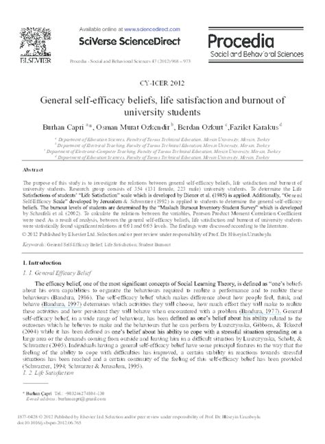 Pdf General Self Efficacy Beliefs Life Satisfaction And Burnout Of