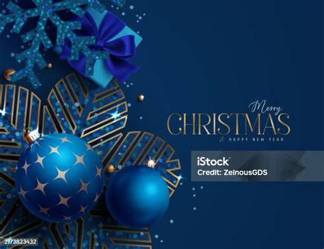 메리 크리스마스 인사말 카드 벡터 디자인 크리스마스 공 반짝이 눈송이 선물 상자 및 꽃 장식 요소와 크리스마스 블루 카드 12월에 대한 스톡 벡터 아트 및 기타 이미지