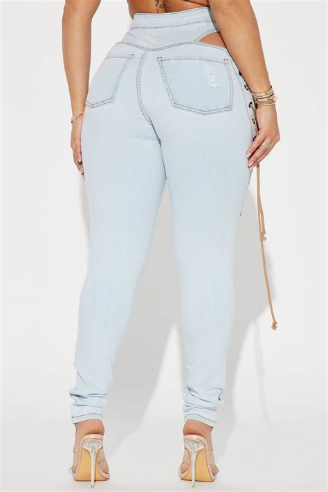 Getting Out There Lace Up Skinny Jeans Light Wash Fashion Nova