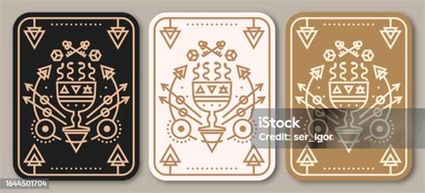 밀교 기호 포스터 배너 벡터 가는 선 기하학적 배지입니다 연금술 또는 신성한 기하학에 대한 윤곽선 아이콘입니다 컵과 뱀이 있는 신비롭고 마법 같은 디자인 게이트에 대한 스톡