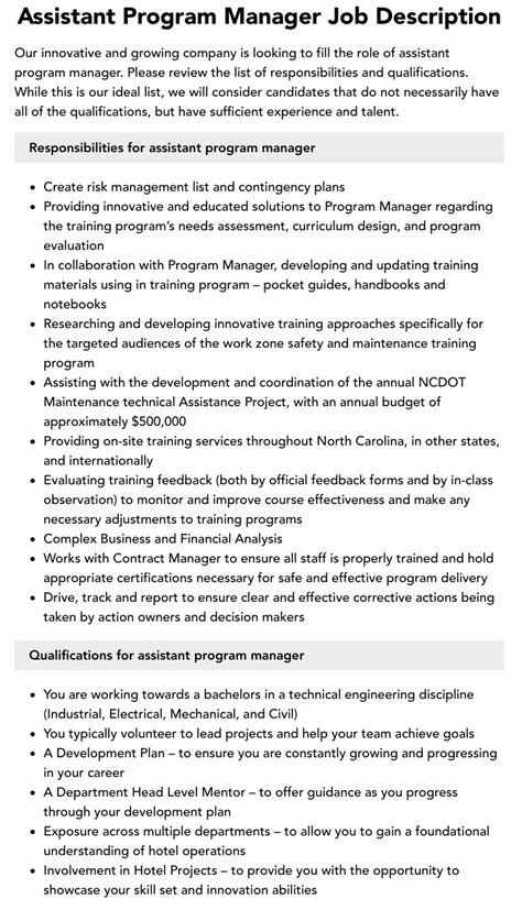 Assistant Program Manager Job Description Velvet Jobs