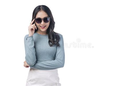 Portrait Trendy Asian Woman Wear Sunglasses Standing On White