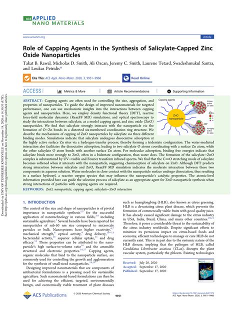 Pdf Role Of Capping Agents In The Synthesis Of Salicylate Capped Zinc