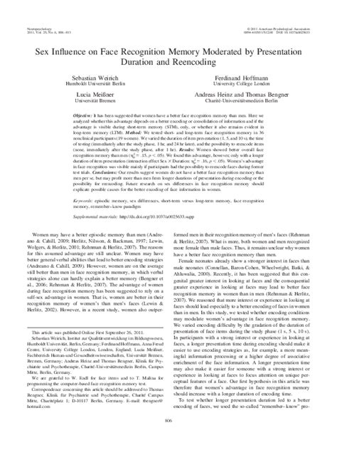 Pdf Sex Influence On Face Recognition Memory Moderated By Presentation Duration And Reencoding