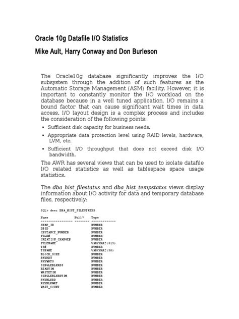 oracle 10g datafile i o statistics mike ault harry conway and don