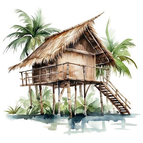 Premium Ai Image Watercolor Bahay Kubo Depicting The Bamboo And Nipa