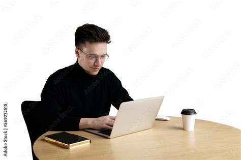 Guy Glasses Workplace Programmer Using Laptop Computer Isolated
