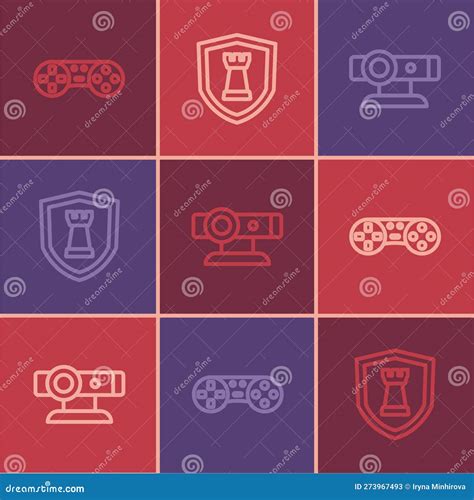Set Line Game Controller Or Joystick Web Camera And Chess Shield Icon Vector Stock Vector