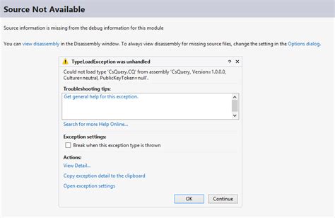 C Csquery Issue Typeloadexception Was Unhandled Stack Overflow