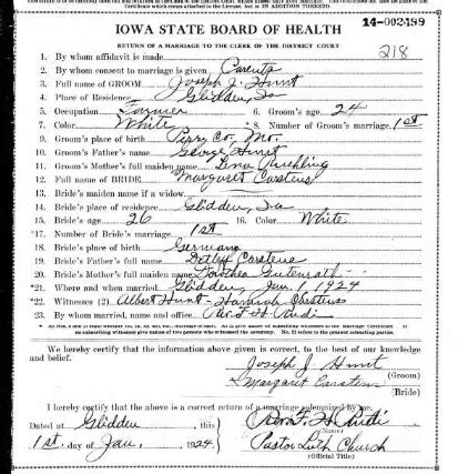 Hunt Carstens Iowa Marriage Record