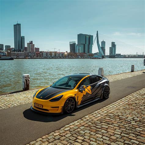 Widebody Tesla Model 3 Yellow Flash Has Carbon Hood And Trunk