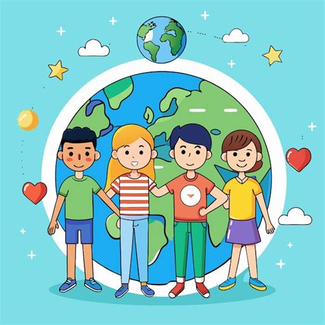 Un Dibujo Animado De Un Grupo De Niños Con Un Mapa Del Mundo Y Las