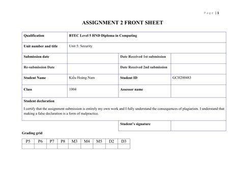 Assignment 2 Front Sheet Security