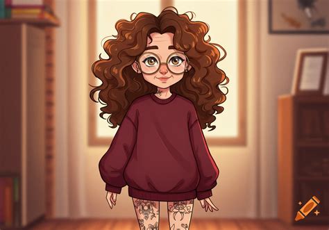 Cartoon Character With Curly Brown Hair Glasses Maroon Sweatshirt