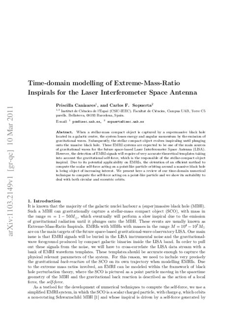 Pdf Time Domain Modelling Of Extreme Mass Ratio Inspirals For The Laser Interferometer Space