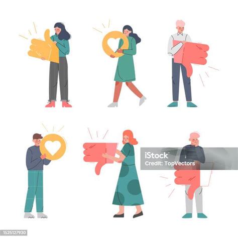엄지손가락을 위아래로 움직여 표지판을 들고 있는 사람들 캐릭터는 승인과 비승인 벡터 일러스트레이션 세트의 통지로 주기에 대한 스톡 벡터 아트 및 기타 이미지 Istock