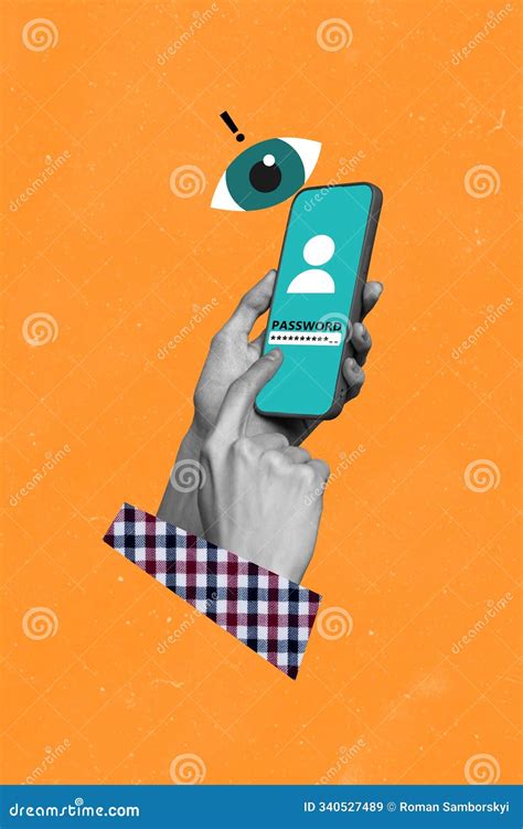 Vertical Photo Collage Of Hand Type Password Unlock Screen Phone Account App Eye Cybersecurity