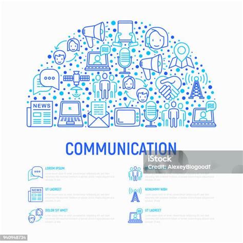 얇은 선 아이콘으로 30 원에 통신 개념 전자 메일 신문 편지 채팅 Tv 지원 화상 통화 마이크 현대 벡터 일러스트 레이 션 웹