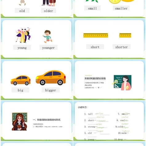 绿色卡通风英语形容词和副词的比较级ppt模板ppt模板 【ovo图库】