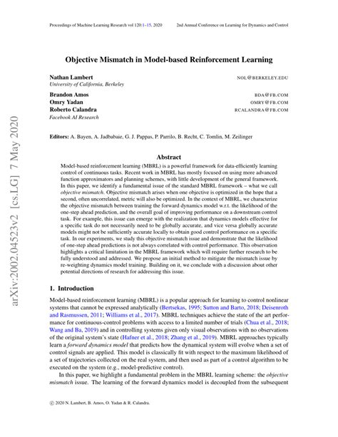 PDF Objective Mismatch In Model Based Reinforcement Learning