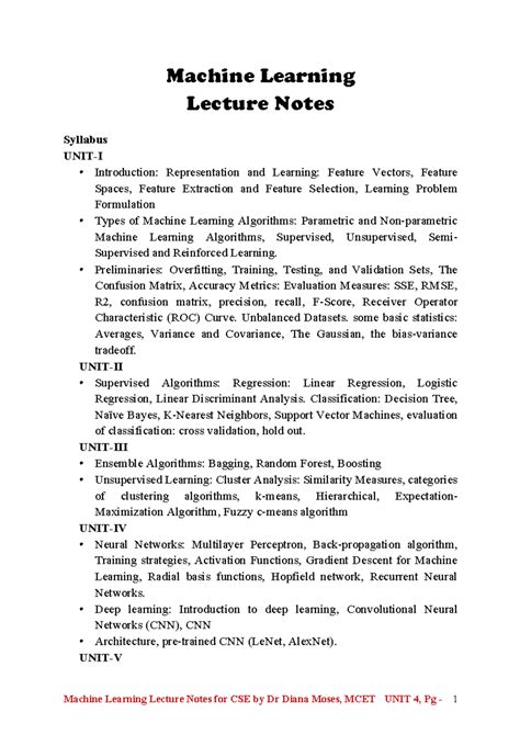 Ml Unit 4 Machine Learning Lecture Notes Syllabus Unit I