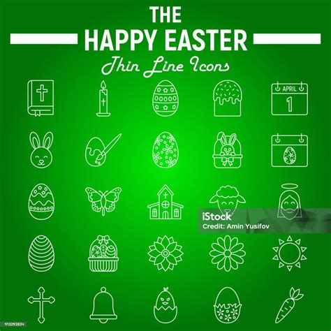 행복 한 부활절 얇은 라인 아이콘 설정 휴일 기호 컬렉션 벡터 스케치 일러스트 Eps 10 녹색 배경에 고립 축 하 신호 선형 무늬 패키지 기호 0명에 대한 스톡 벡터 아트