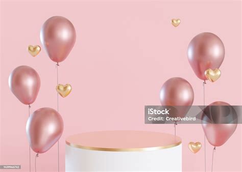 하트와 풍선이 공중에 날아가는 황금 연단 발렌타인 데이 어머니의 날 결혼식 제품 화장품 프리젠 테이션을위한 연단 모의 미용