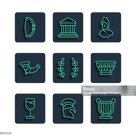 세트 라인 와인 잔 그리스 헬멧 고대 거문고 흉상 조각 월계관 사냥 뿔 중세 활 및 고대 그릇 아이콘 벡터 고대의에 대한 스톡 벡터 아트 및 기타 이미지 Istock