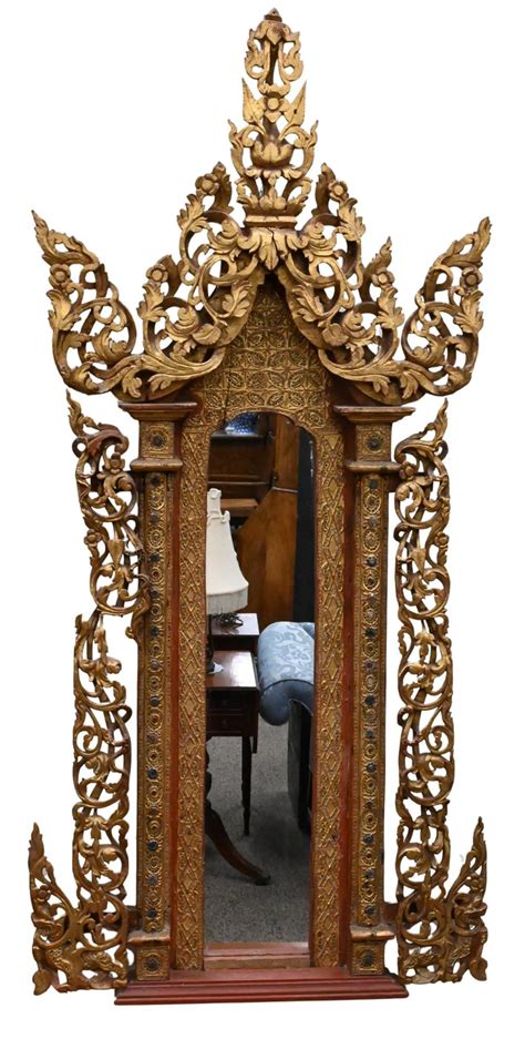 At Auction Burmese Giltwood Shrine Mirror Having Elaborately Carved