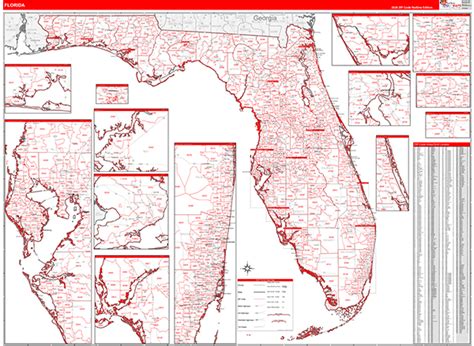 Florida Zip Code Wall Map Red Line Style By Marketmaps Mapsales