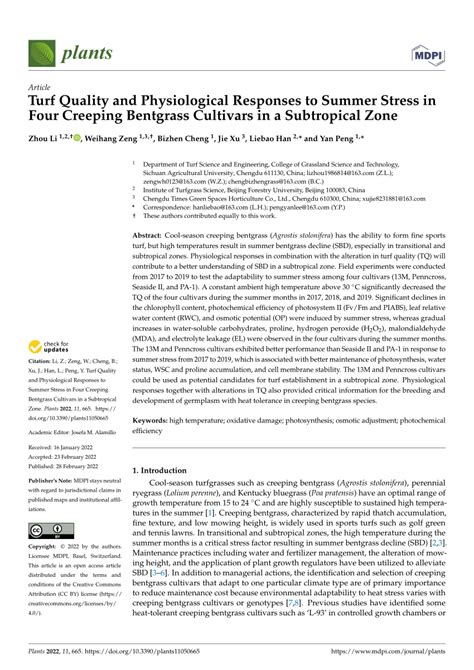Pdf Turf Quality And Physiological Responses To Summer Stress In Four Creeping Bentgrass