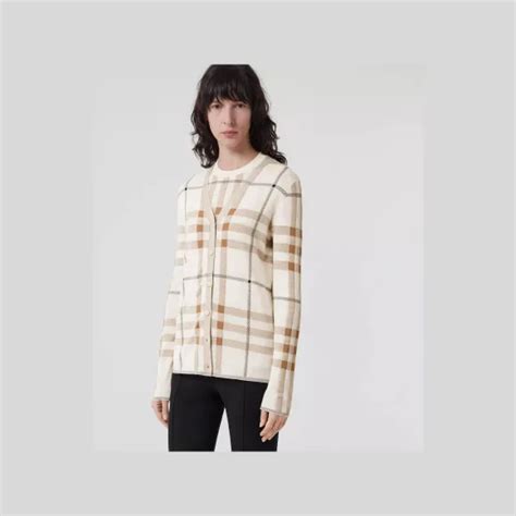 博百利burberry 格纹嵌花丝棉混纺羊毛开衫 柔沙色 女士 80524011 小迈步海淘品牌官网
